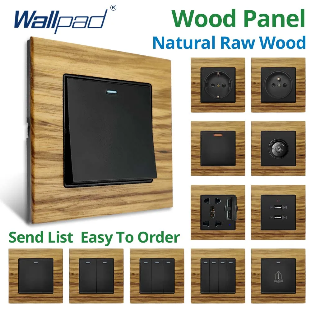 Wallpad-Wall-Light-Switch-and-Socket-Natural-Wood-Panel-Black-Button ...
