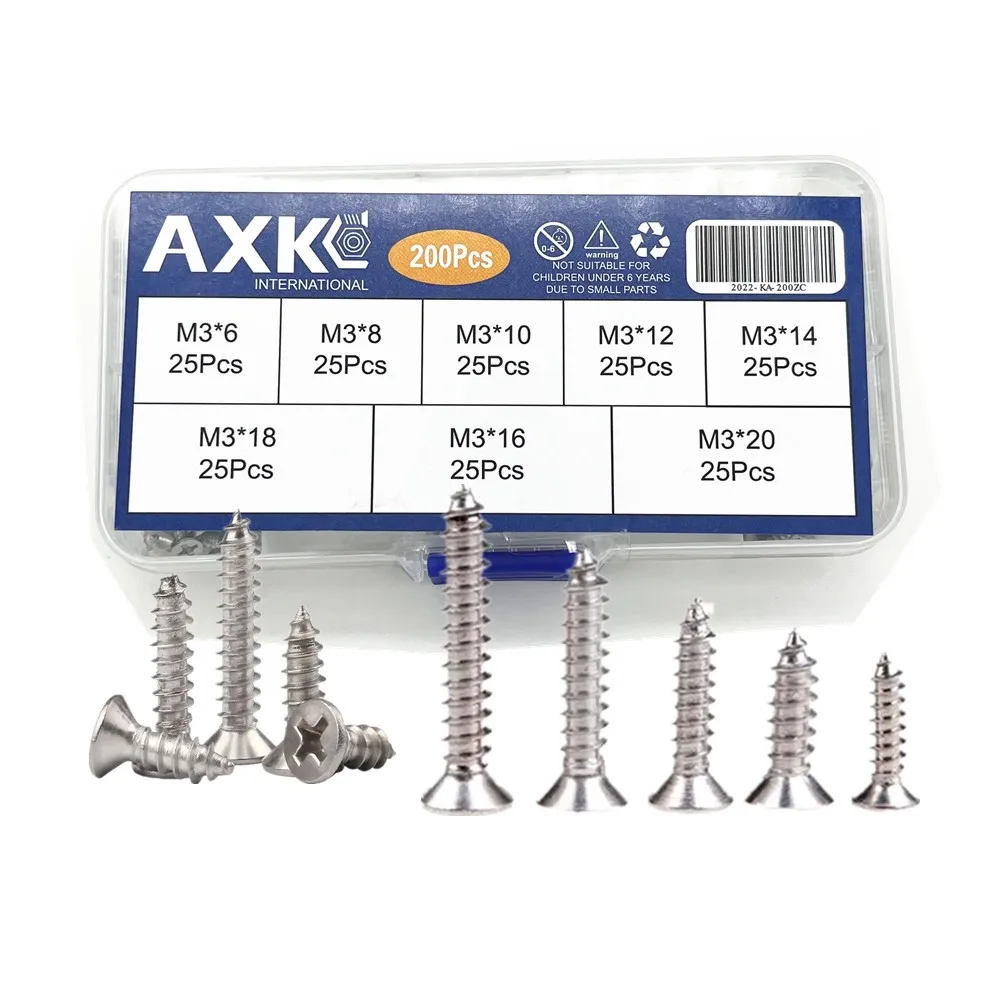 200pcs-set-Countersunk-flat-head-tapping-screws-with-cross-recessed-M3 ...