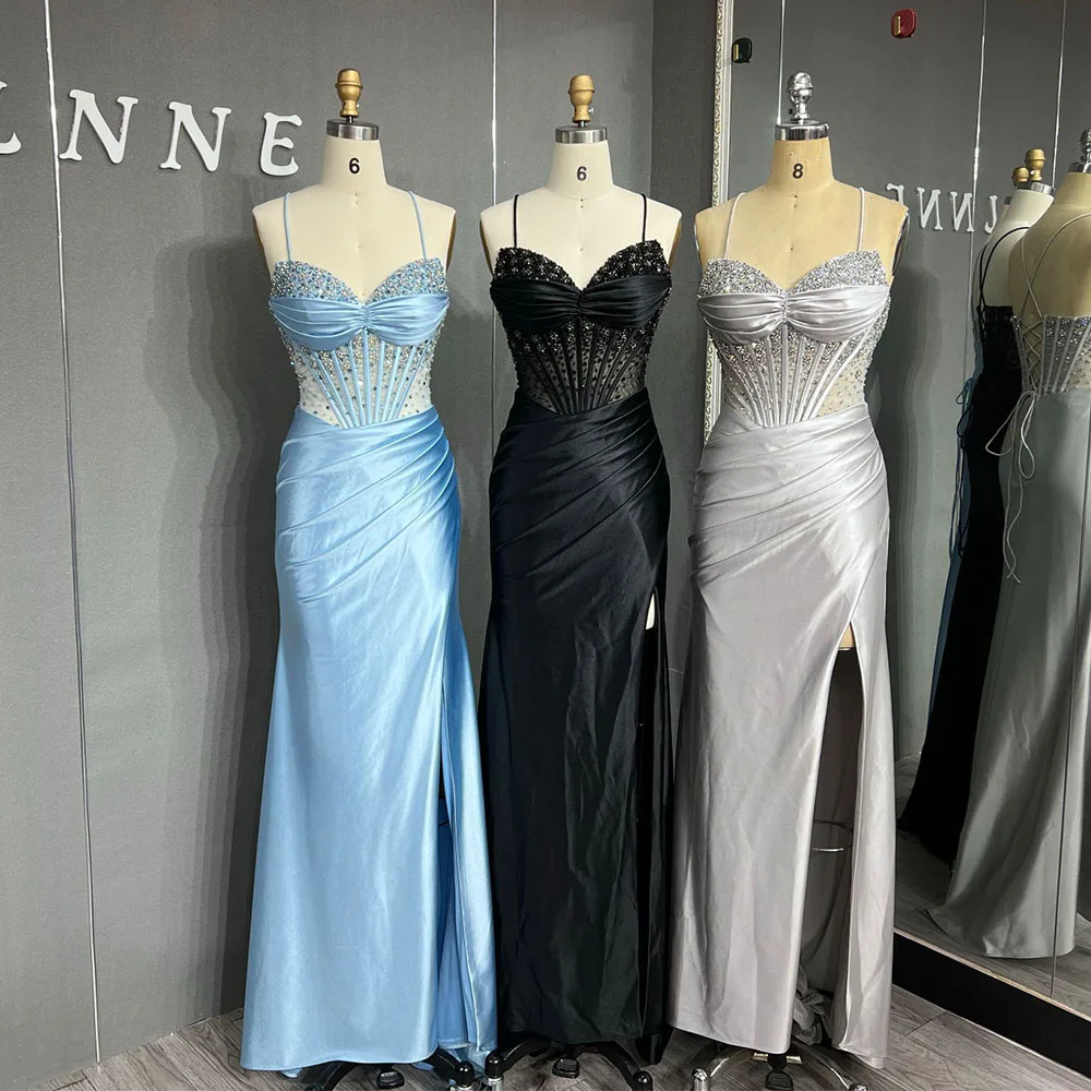 YQLNNE Sparkle Sky Blue Satin Slit Prom Dresses Long Spaghetti Crystals ...