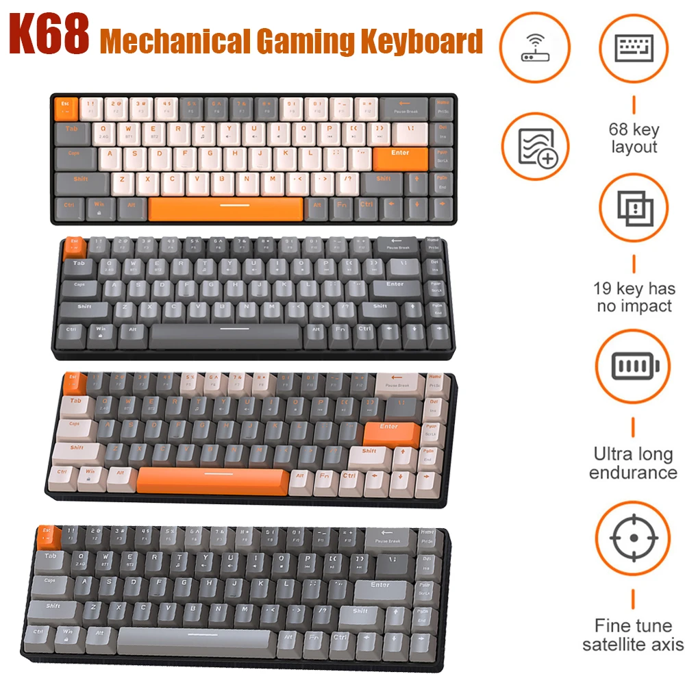 ["Teclado para juegos K68 Teclado mecánico inalámbrico BT 5.0 Teclado mecánico inalámbrico 2.4G ...