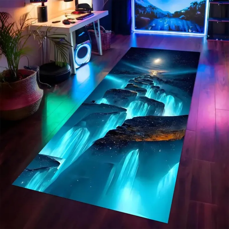 3D Luminescent Waterfall Carpet Glowing Cascade with Rock Cliff Print ...