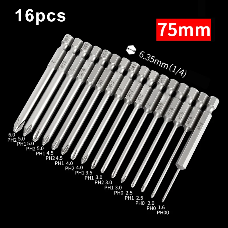 16pcs/set 75mm Long S2 Steel 1/4' Hex Shank Electric Phillips ...