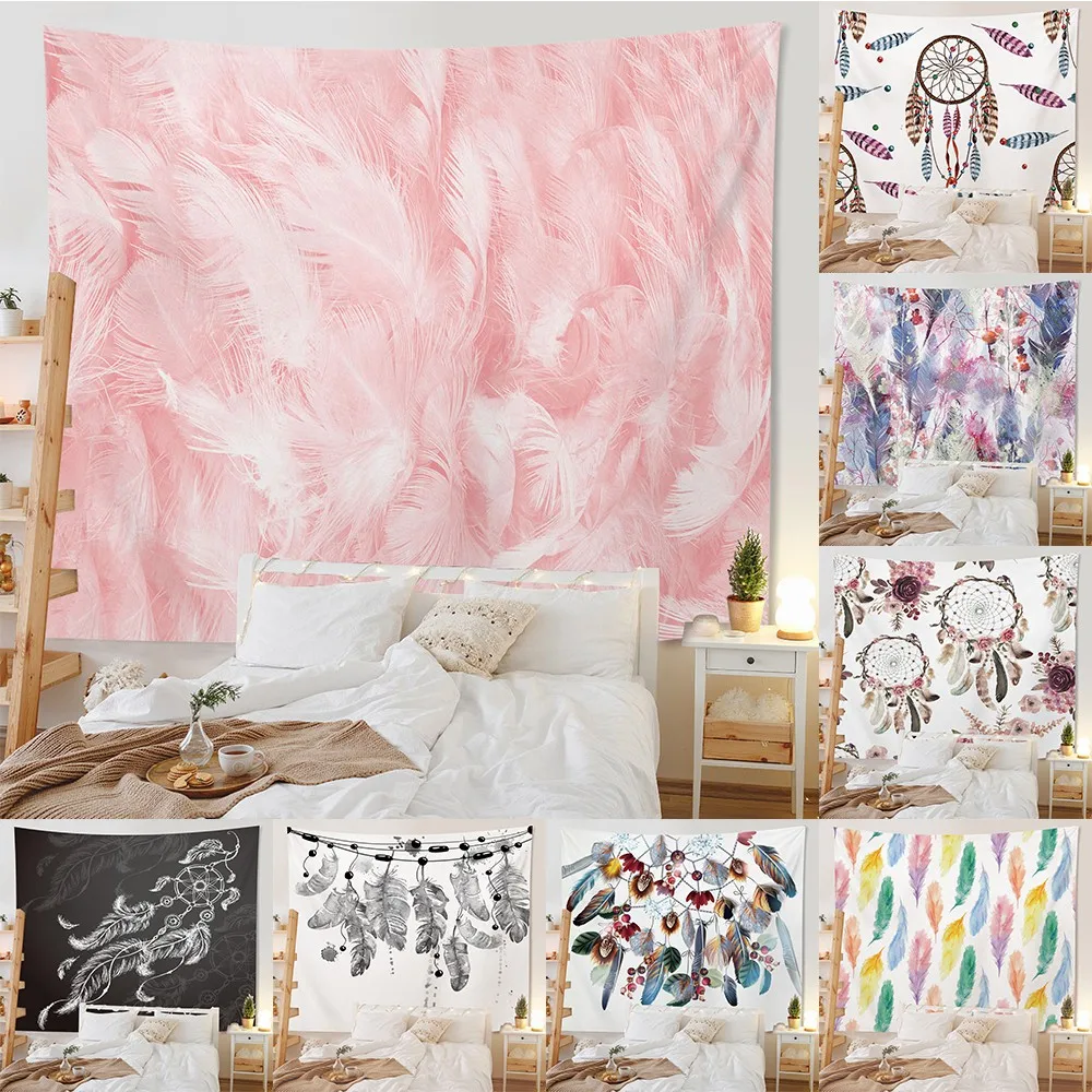 Bedroom Living Room Tapestry Home Decor Pink Feather Tapestry Feather ...