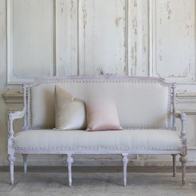 French-retro-distressed-solid-wood-double-three-person-sofa-American ...