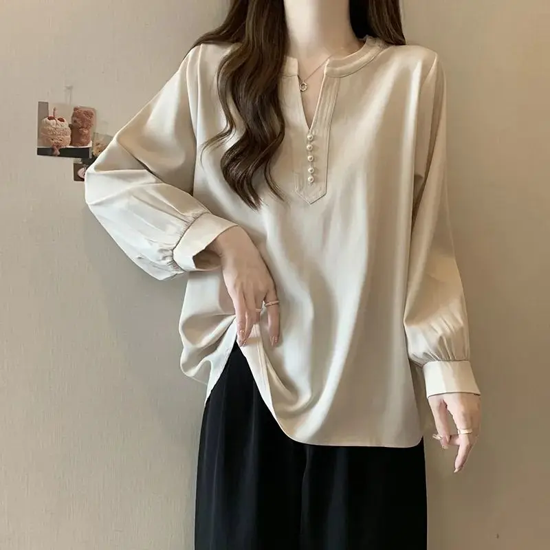 Commute V-Neck Stylish Beading Shirt Female Clothing Solid Color Spring ...