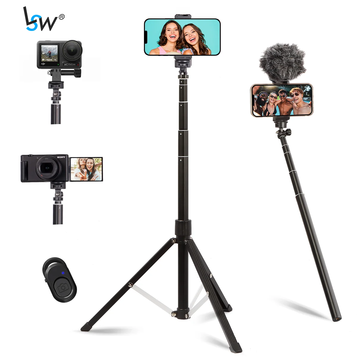 Phone Tripod Selfies Stick 163cm with Phone Holder Mount Wireless ...