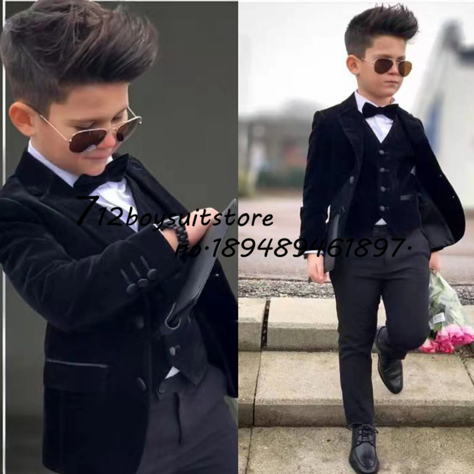 Velvet Boys Blazer Pants Vest Three Piece Fashion Wedding Kids Tuxedo ...