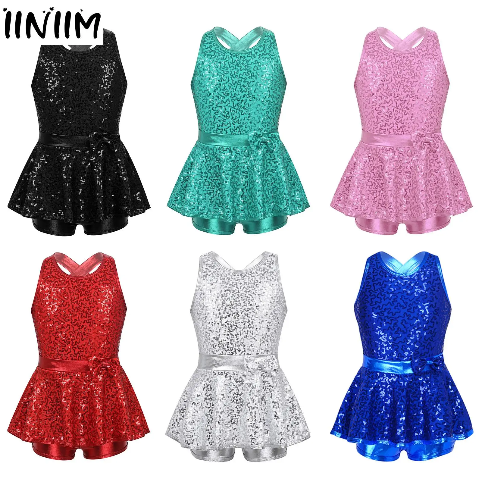 Kids Girls Sequins Ballet Gymnastics Leotard Dress Criss Cross Back ...