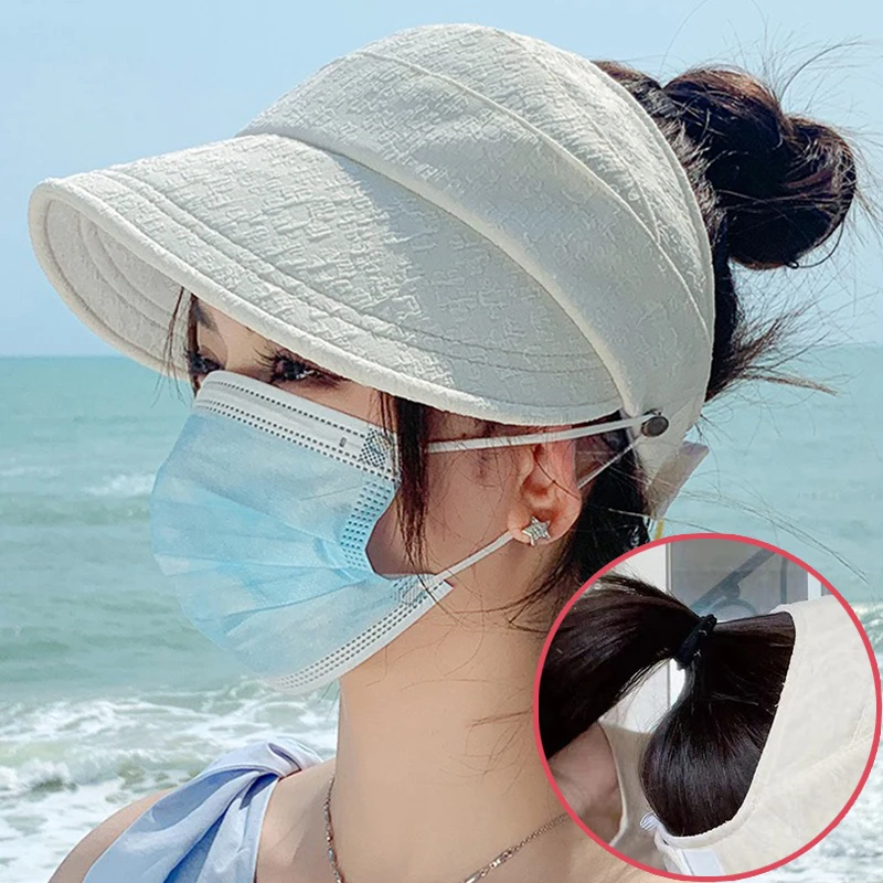 여성용 하이 포니테일 태양 모자 레이스 플라워 빈 탑 모자 접이식 바이저 자외선 차단 플로피 캡 소녀 야외 야구 모자