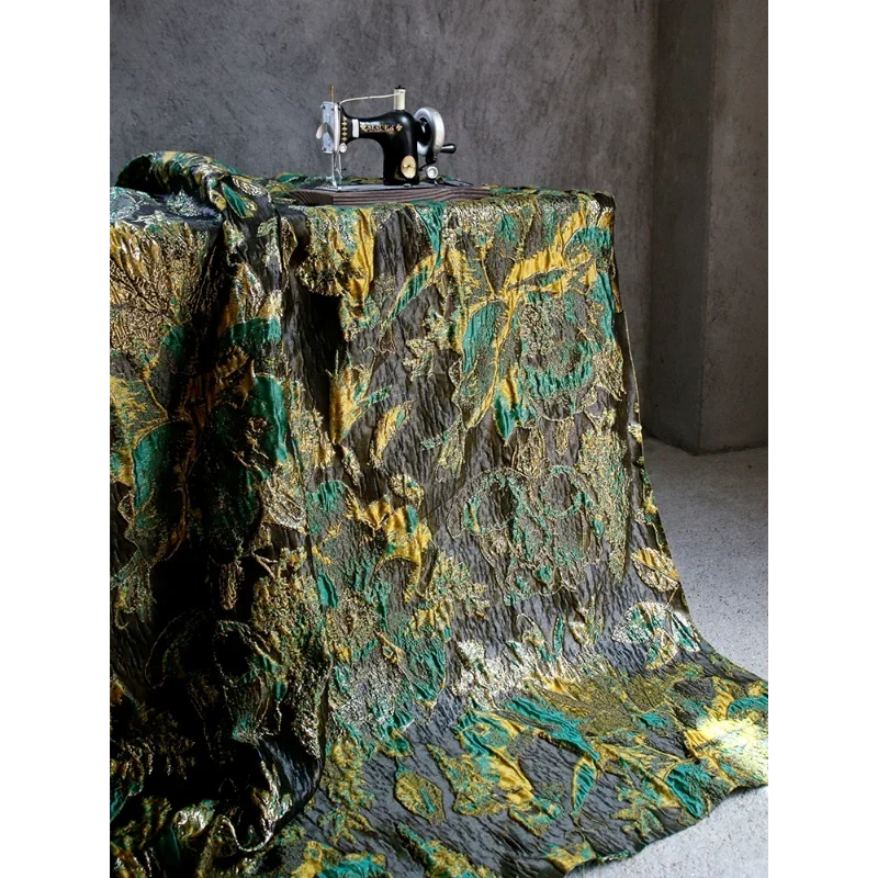 Dark-green-shiny-double-sided-floral-texture-fabric-embossed-clothing ...