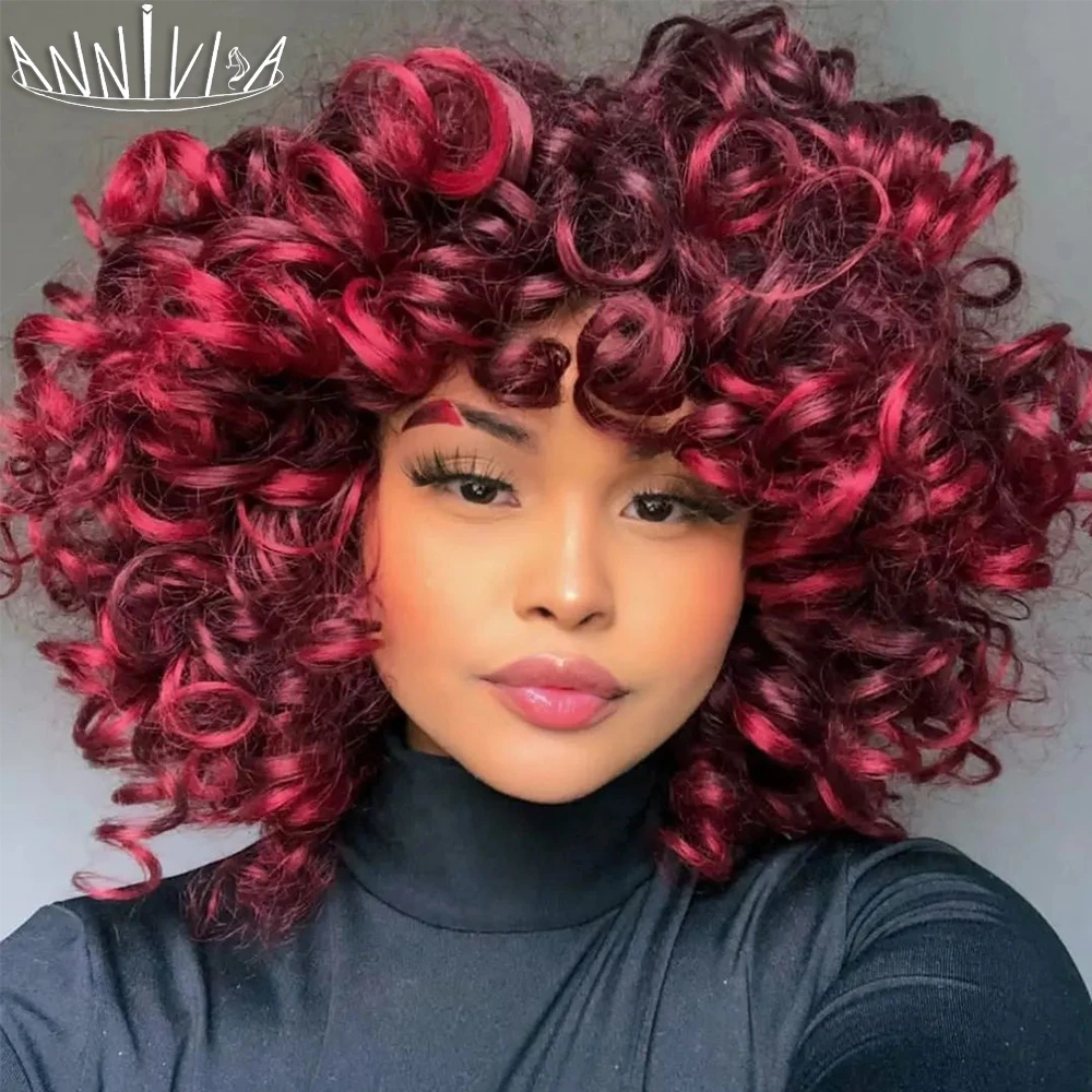 Curly Synthetic Wigs Bangs | Red Short Curly Synthetic Wig | Red Afro Curly Wig Bangs ...