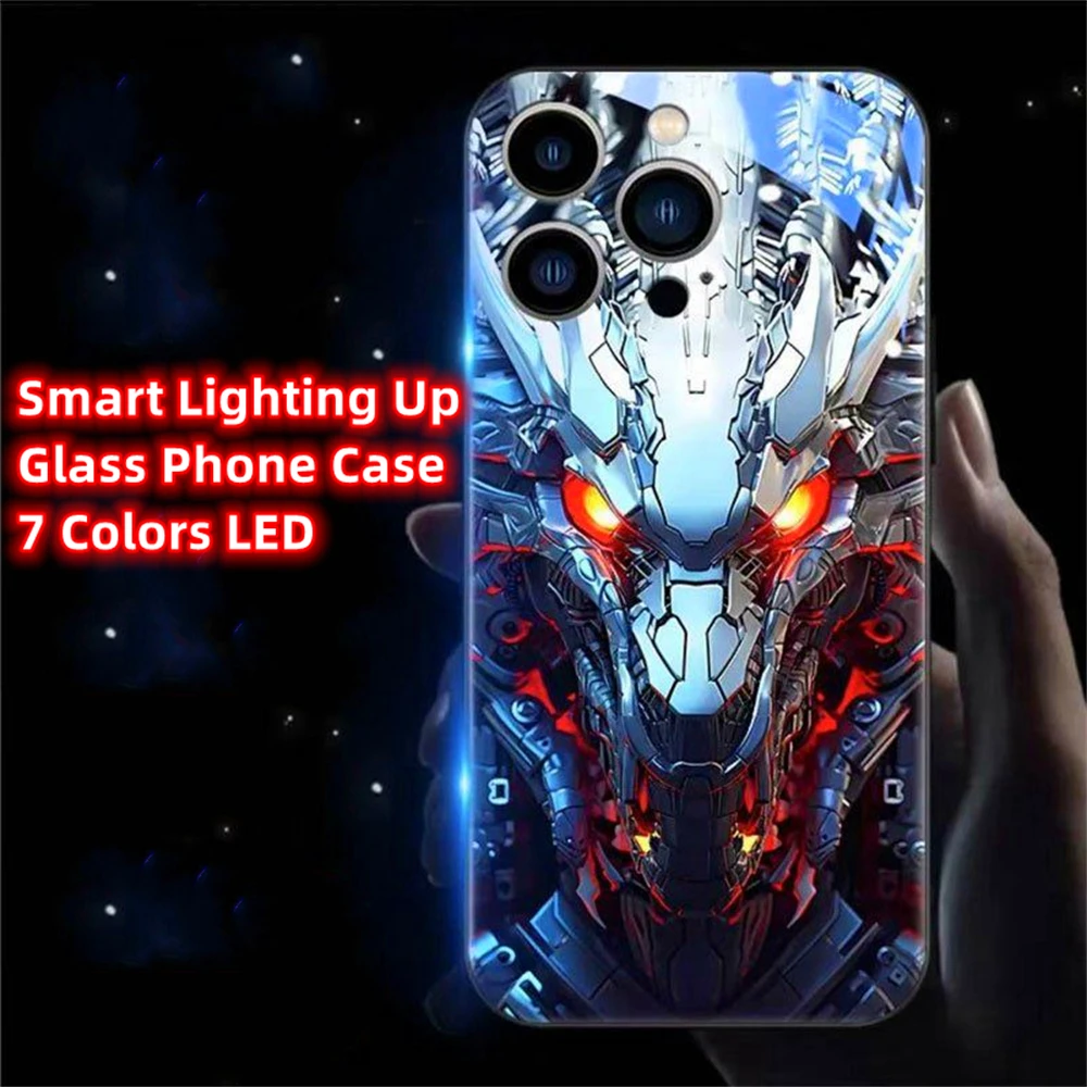 Mech-Dragon-Pattern-Smart-LED-Light-Glow-Tempered-Glass-Phone-Case-For ...