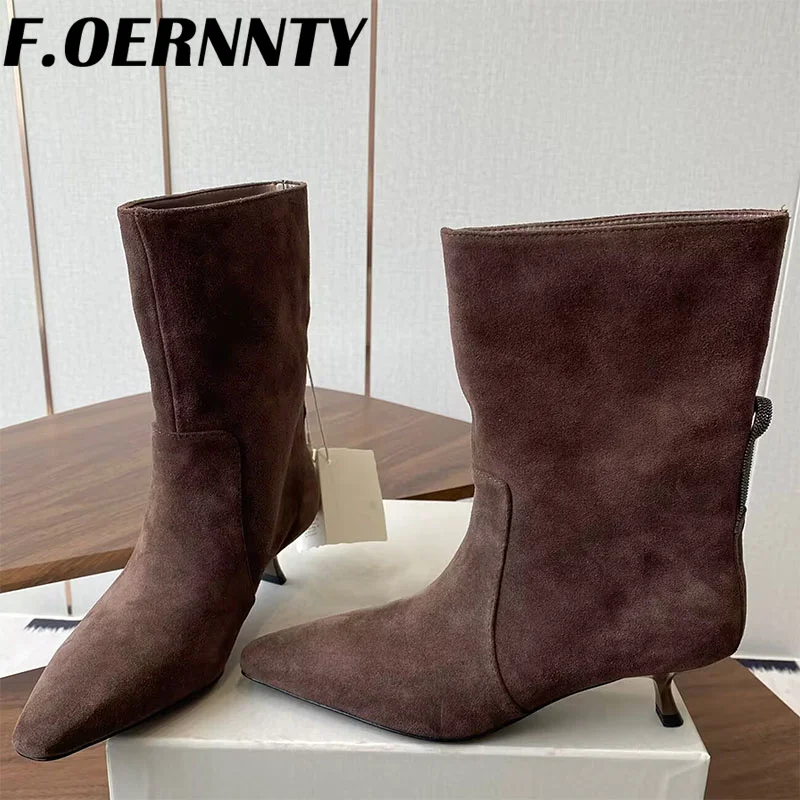 String Bead Suede Leather Pointed Toe Boots Women Kitten Heels Modern ...