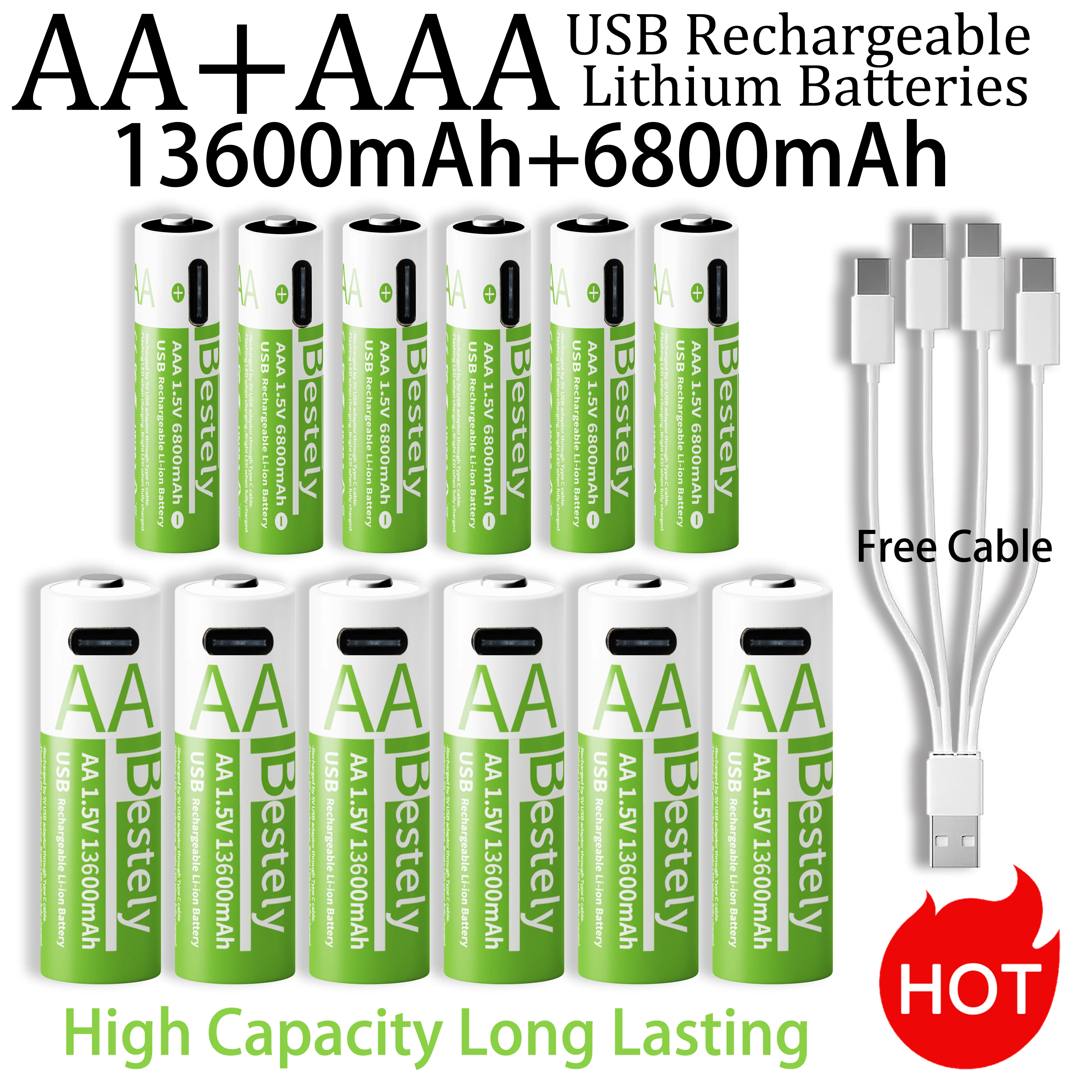 New 1.5V AAA 6800mAh +AA 13600mAh Rechargeable Lithium Batteries Fast ...