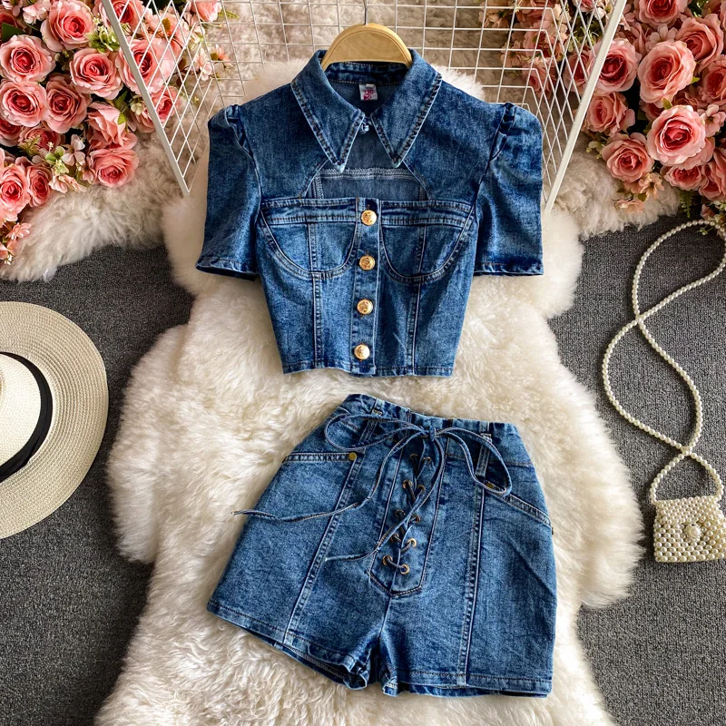Fashion Women Denim Sets Turn Down Collar Hollow Out Short Sleeve Shirts Lace Up Jean Shorts 2 ...