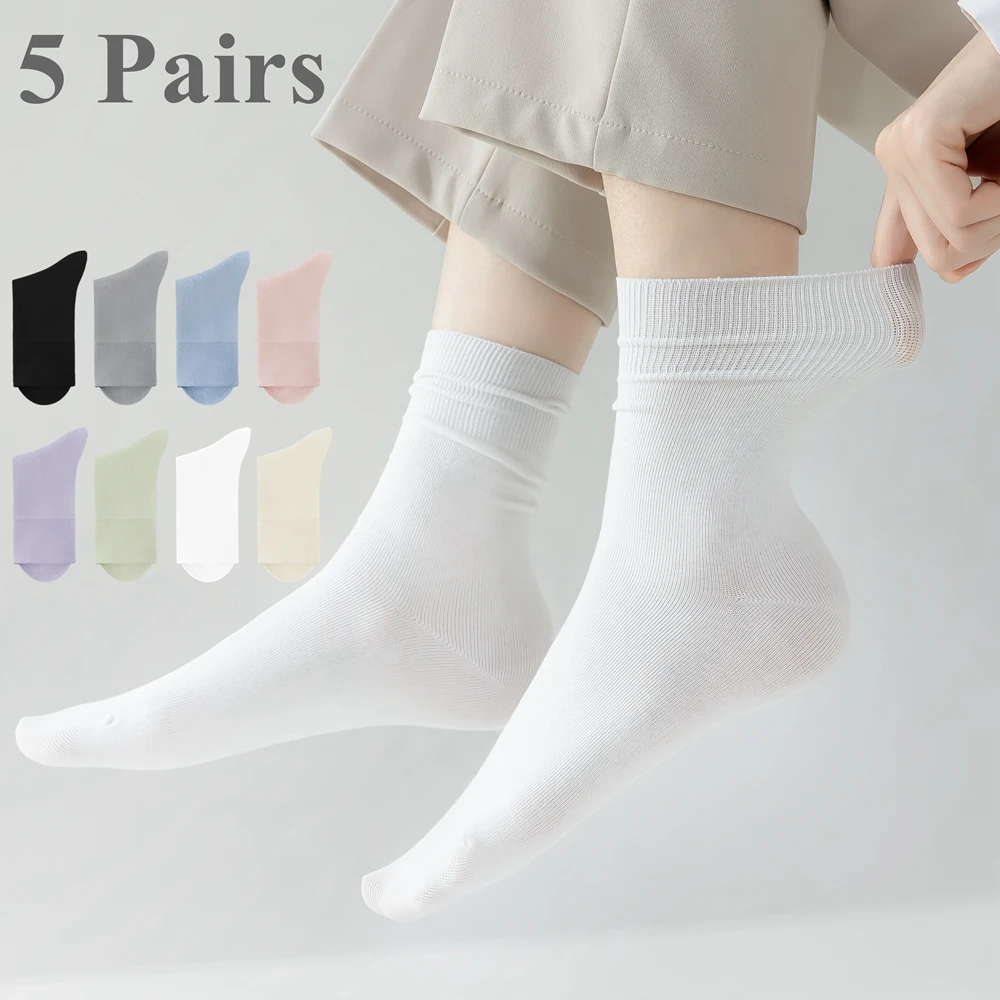 5-Pairs-Women-Summer-Cotton-Socks-Middle-Tube-Short-Socks-Ladies-High ...