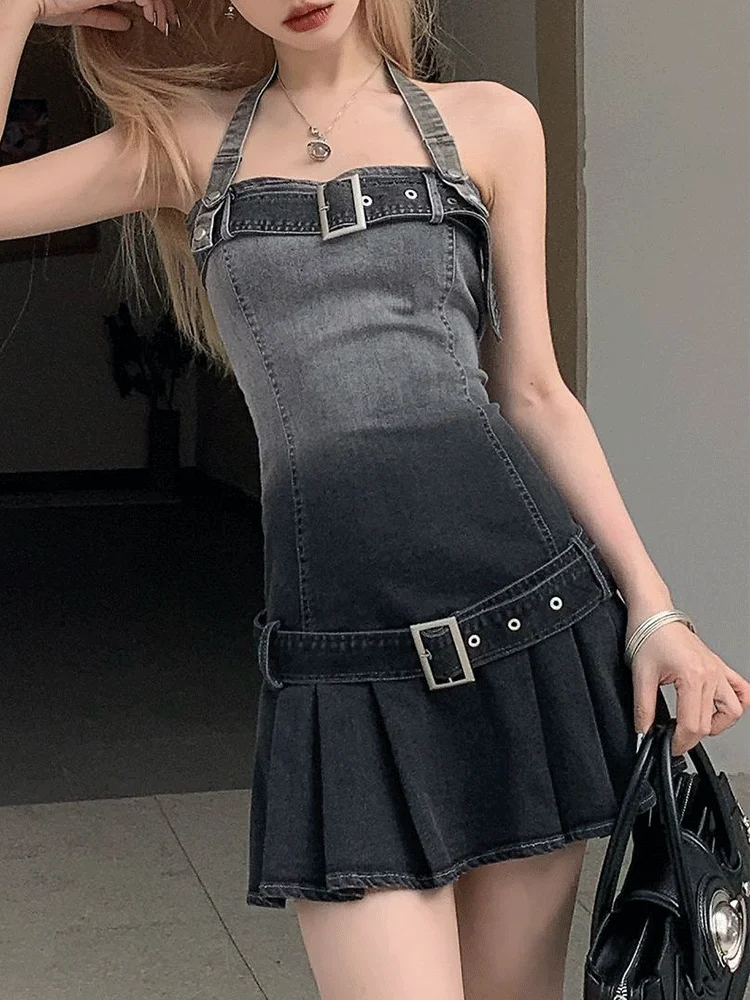 Denim Mini Dress Women Summer Sexy Sweet Pleated Short Mini Dress with ...