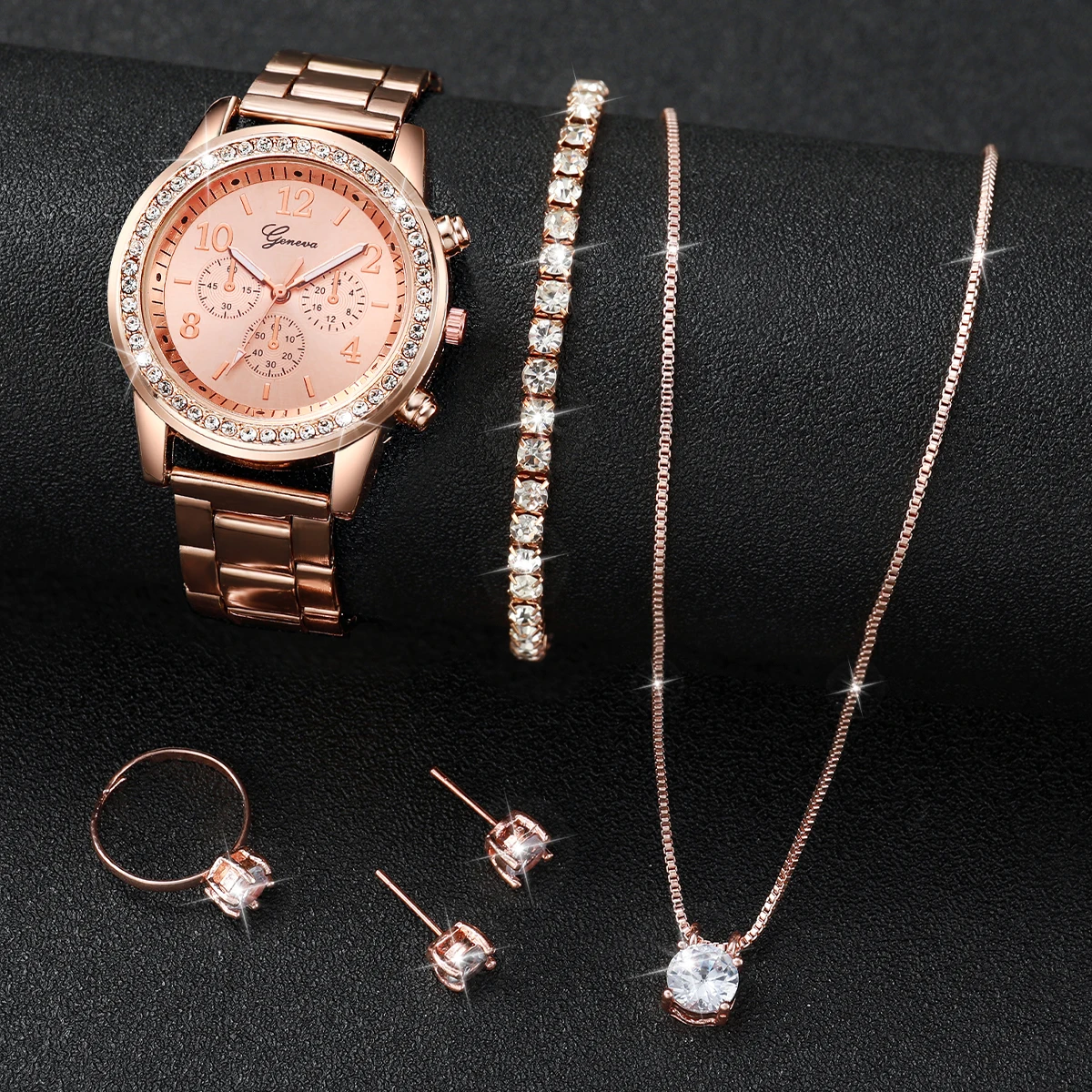 6PCS-Set-Luxury-Watch-Women-Ring-Necklace-Earrings-Rhinestone-Fashion ...