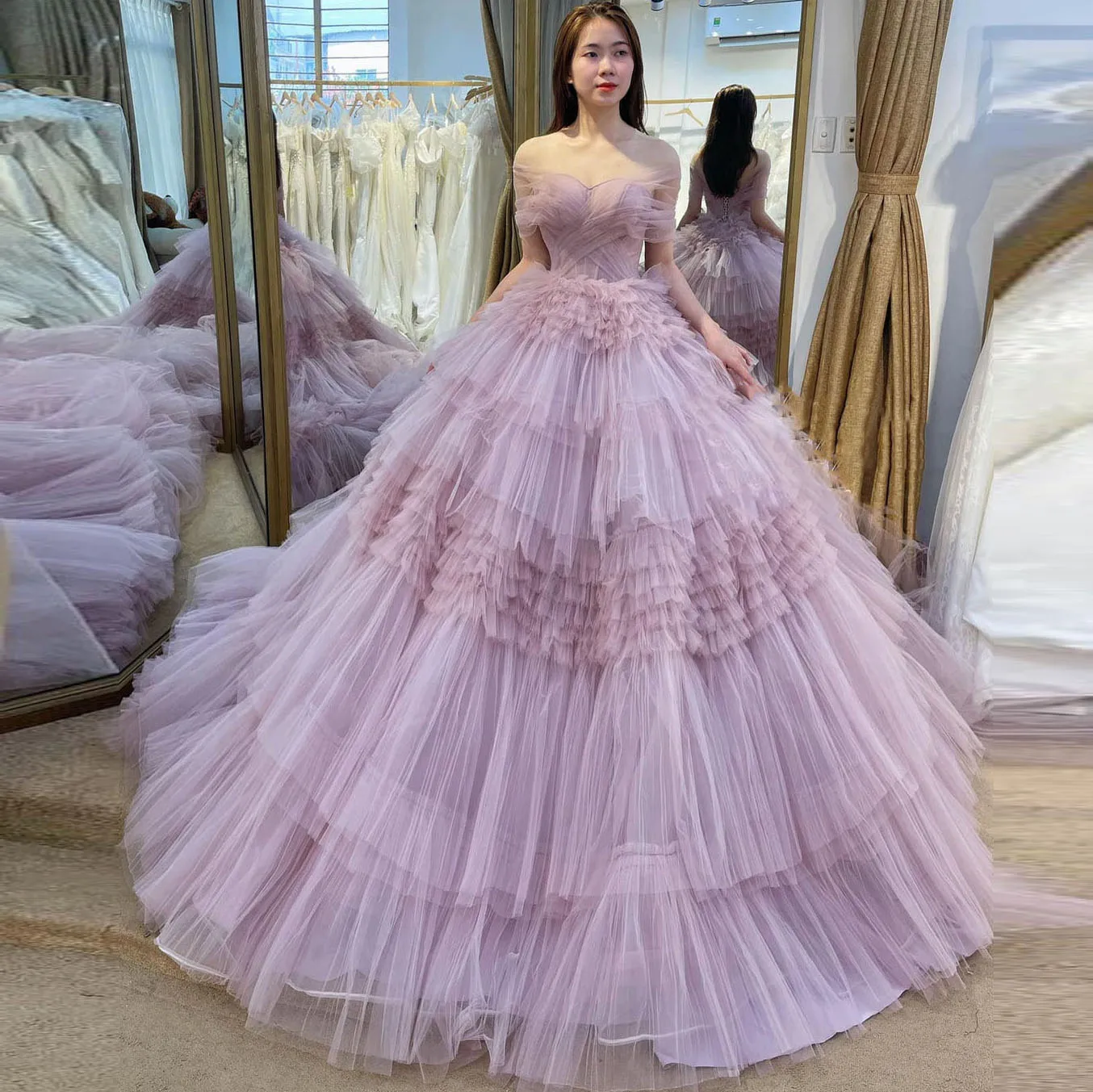 Lavender-tulle-perspective-off-shoulder-layered-princess-dress-bridal ...