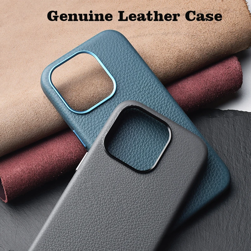 Genuine Leather Case For iPhone 15 Pro Max Luxury Real Skin Phone Back ...