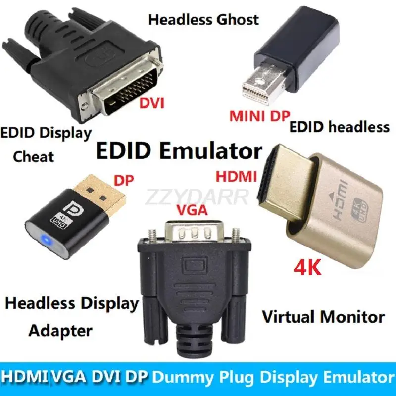 4K HDMI Dummy Plug DP VGA DVI Mini DP Display Emulator Virtual Monitor ...
