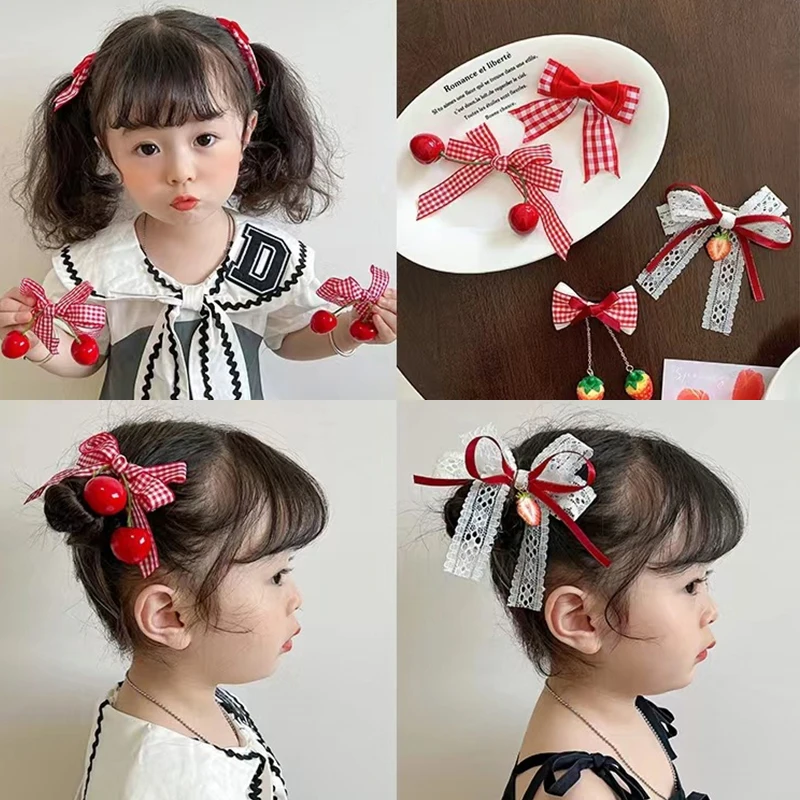 2Pcs Red Cherry Bow Girls Hair Clip Ins Bow Strawberry Cherry Hairpin ...