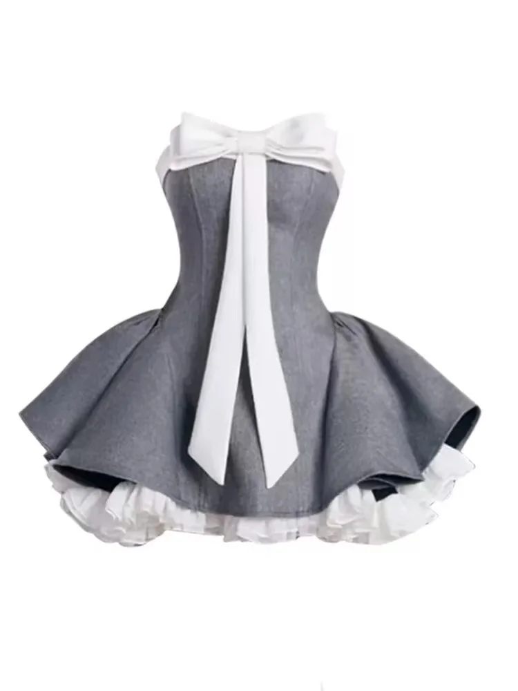 Summer French Vintage Slim Mini Dress Women Strapless Bow Lace ...