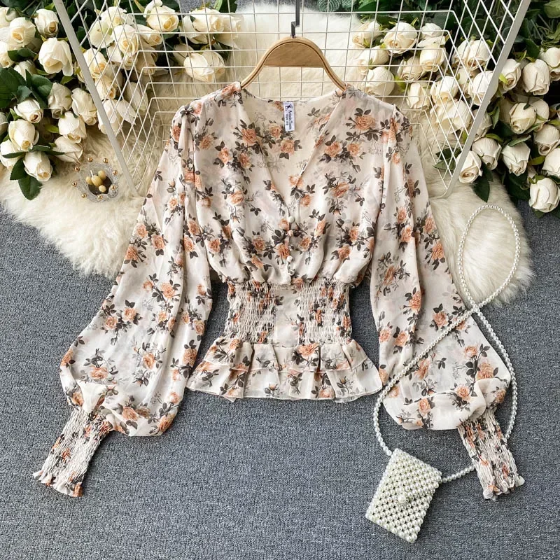 Spring Summer Women's Blouse French Retro Floral V-neck Puff Sleeve Top ...