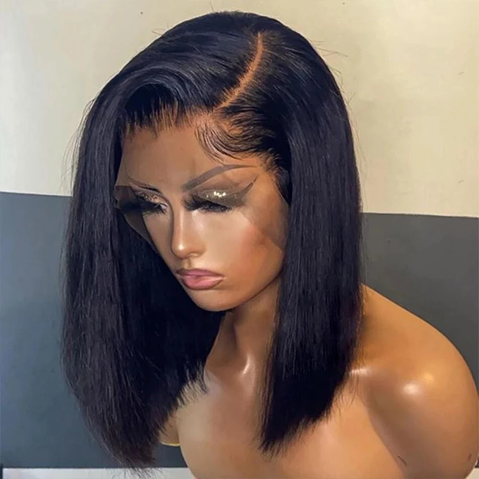 150 Density Short Bob Wig Human Hair Straight 4x1 13x1 T Part Lace