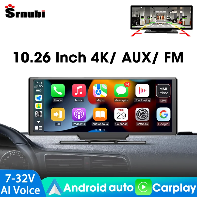 Srnubi 10'' Car Mirror Video Recording AI Voice GPS Navigation Dashboard DVR Carplay Android ...