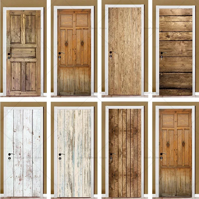 3D-Retro-Old-Wooden-Door-Stickers-Waterproof-Poster-Wallpaper-Self ...