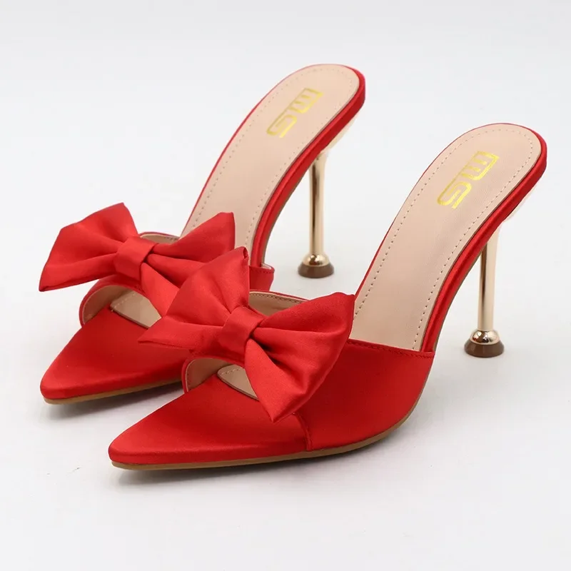 Summer-Women-9cm-High-Heels-Bowknot-Slipony-Slides-Fetish-Female-Silk ...