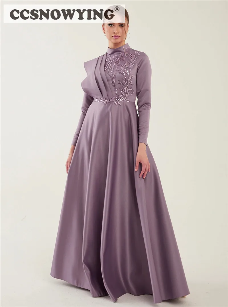 Wisteria Satin Full Sleeve Muslim Evening Dresses High Neck Islamic ...