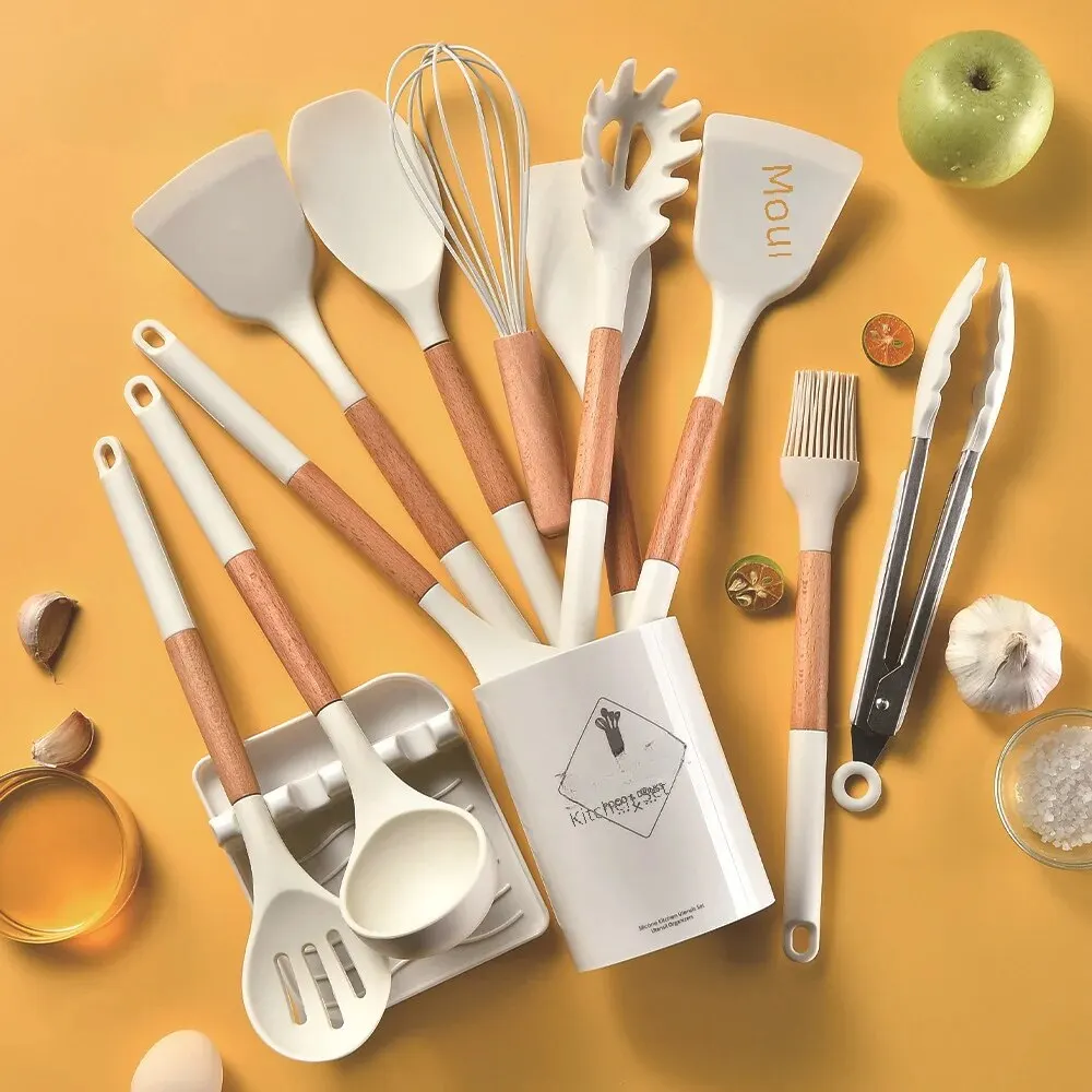 12-piece-Set-Wooden-Handle-Silicone-Kitchen-Utensils-Non-stick-Pot-Anti ...