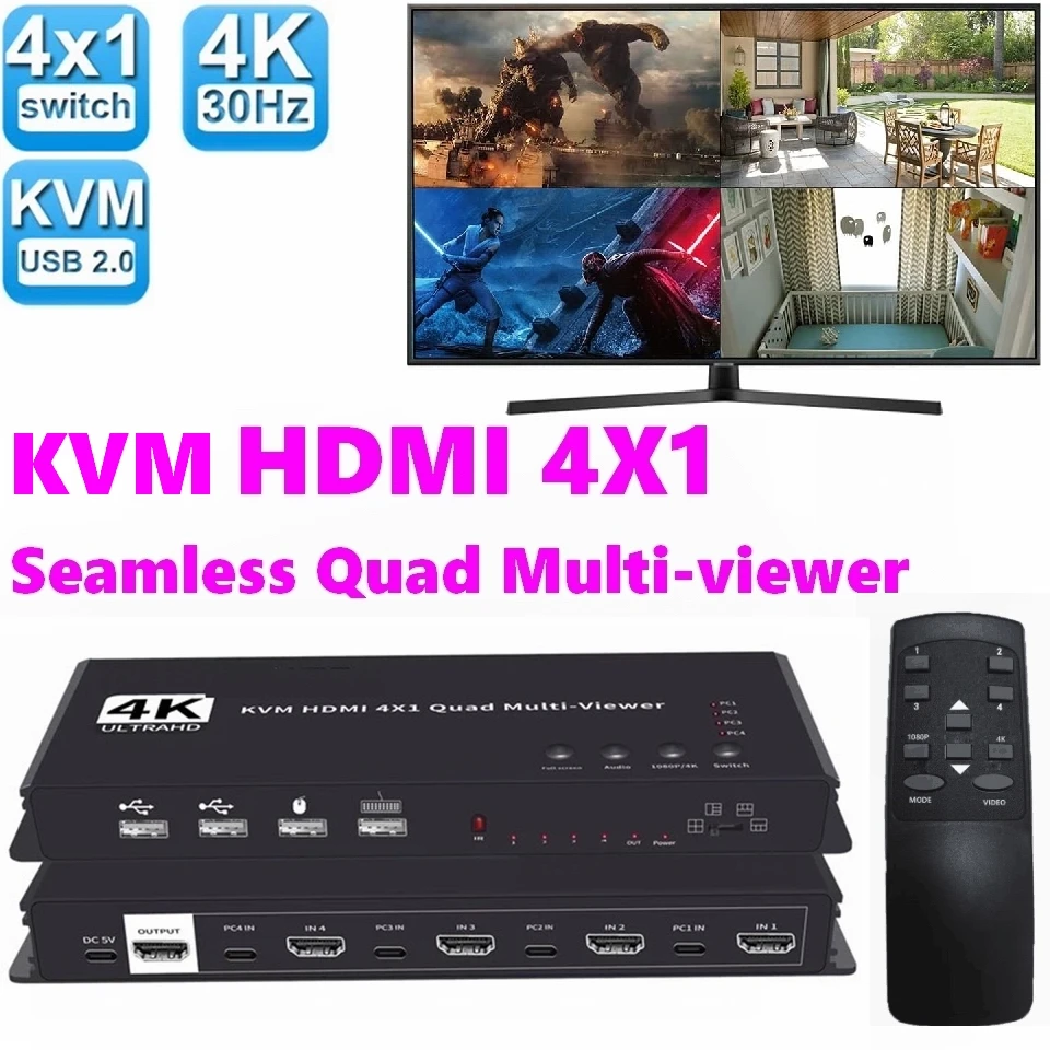 KVM HDMI Multiviewer Switch 4K HDMI KVM 4 In 1 Out Video Cutting 4X1 Seamless Quad Multi-viewer ...