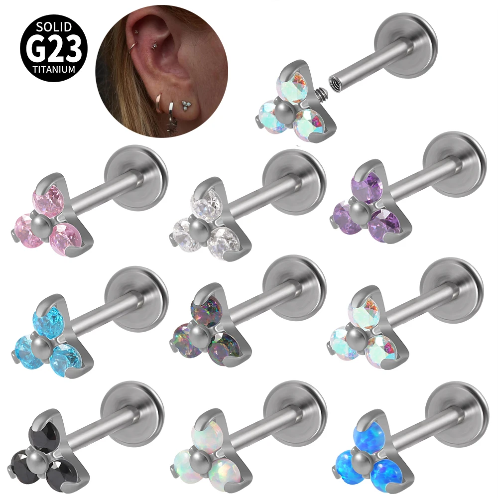 1PC G23 Titanium Triangle Labret CZ Zircon Ear Tragus Cartilage Flat ...