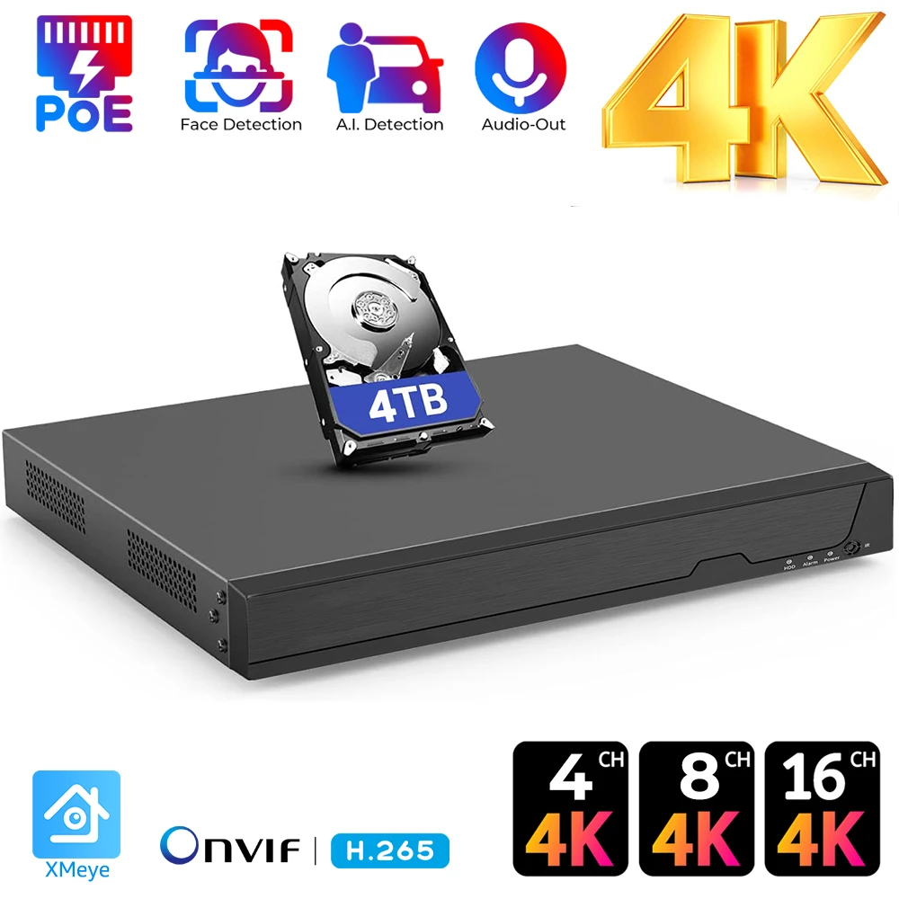 4K 4Ch 8Ch POE NVR Onvif Network Video Recorder for IP Cameras CCTV PoE ...