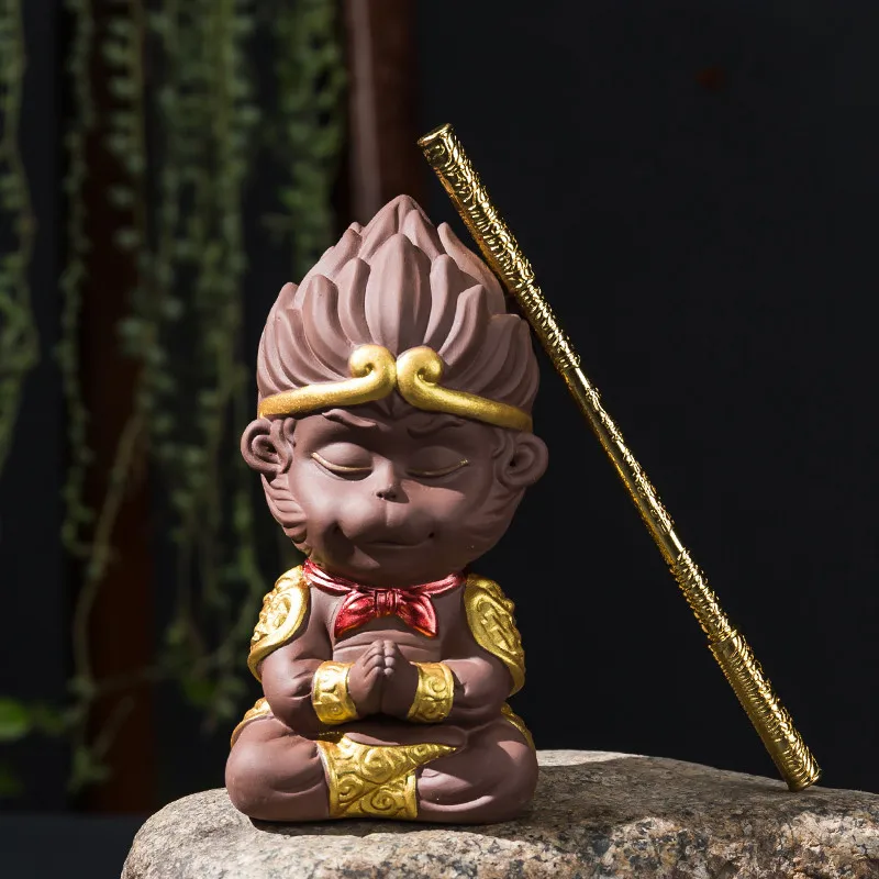 Chinese Purple Clay Tea Pet Monkey King Figurine Tea Table Car Ornament ...