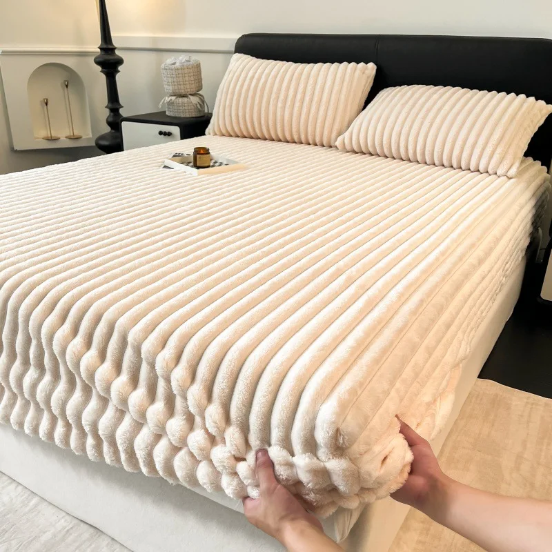 Solid Faux Rabbit Velvet Fitted Bed Sheet High-Quality Thickened Warm ...