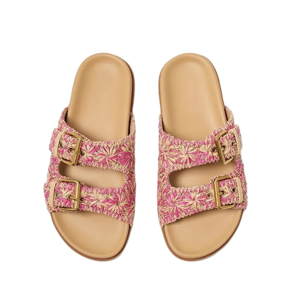 Women's Woven Slide Sandals With Double Gold Buckles Open Toe Flat ...