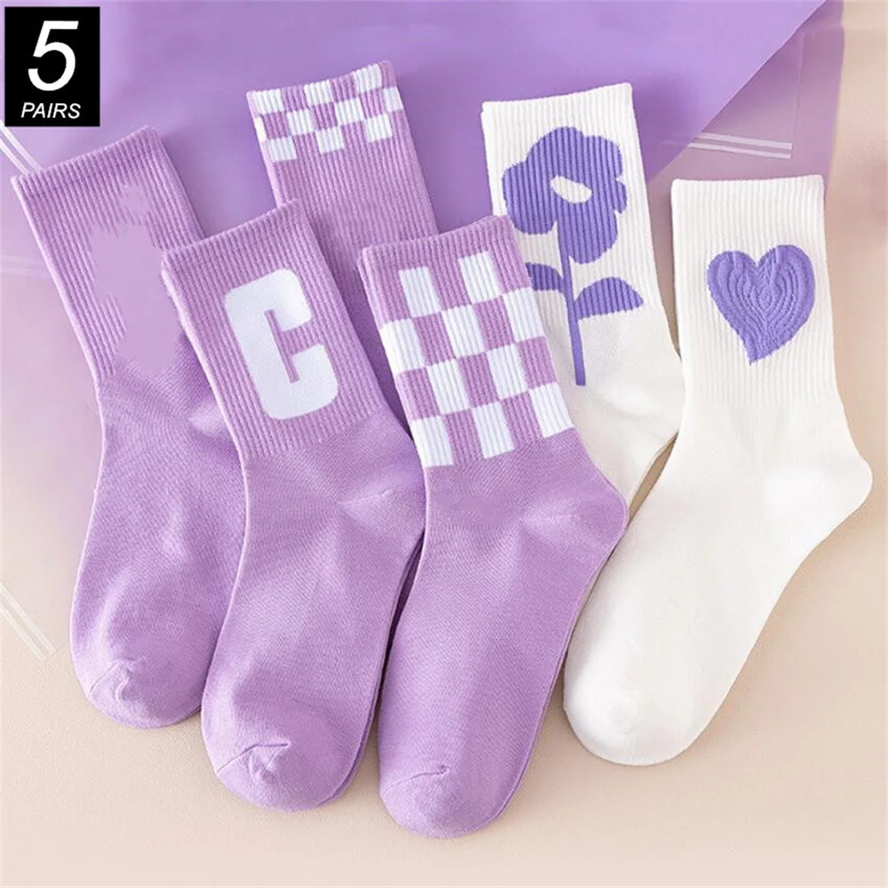 5-Pairs-Pack-Spring-Autumn-Thick-Polyester-Cotton-Purple-White-Socks ...