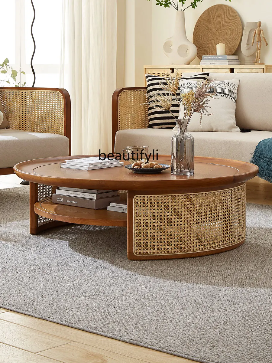 zq-Japanese-Style-round-Solid-Wood-Coffee-Table-Living-Room-Rattan ...