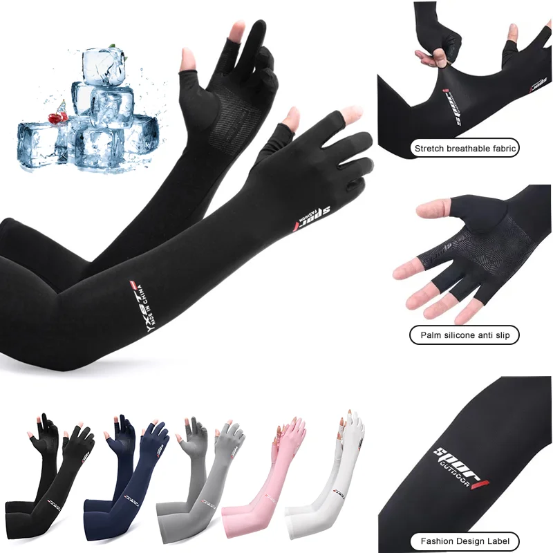 남성용 자외선 차단 장갑 여름 아이스 실크 슬리브 운전 미끄럼 방지 아이스 슬리브 하프 핑거 장갑 Aliexpress