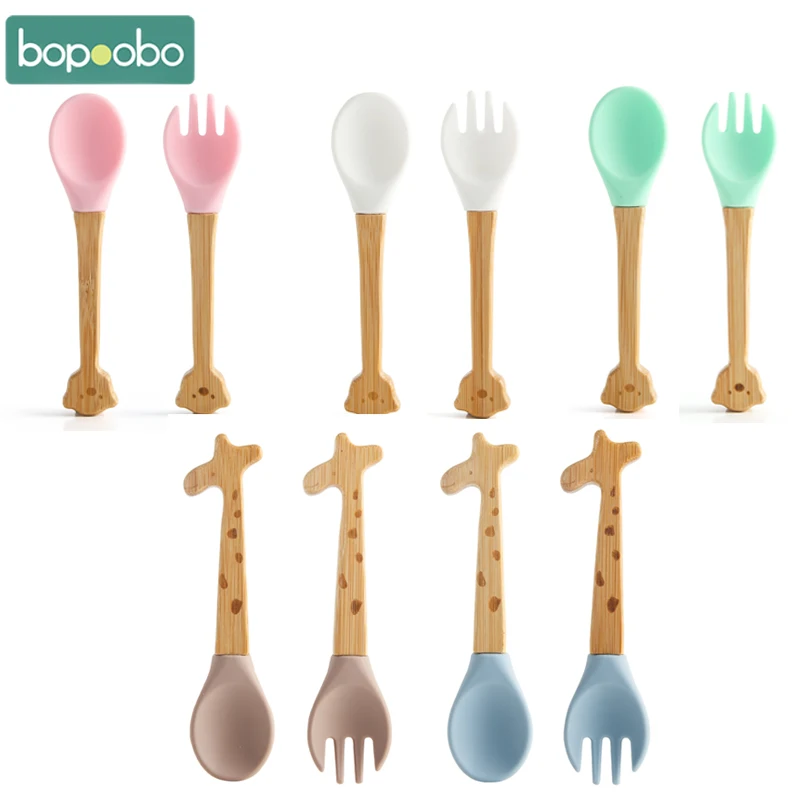 2PCS-Baby-Bamboo-Animal-shaped-spork-Fork-Silicone-Wooden-Baby-Feeding ...