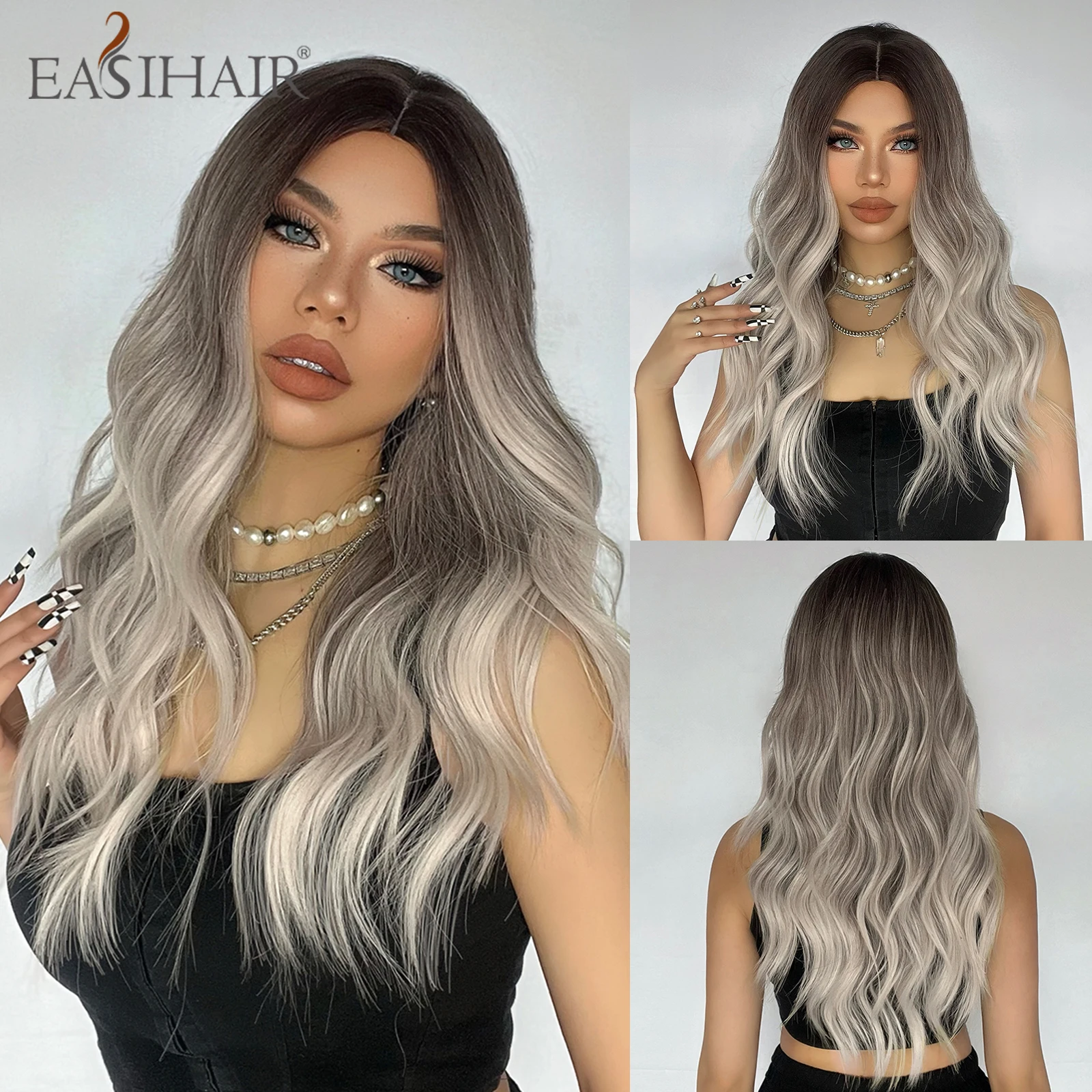 EASIHAIR Platinum Blonde Ombre Synthetic Wigs Long Water Wave Middle ...
