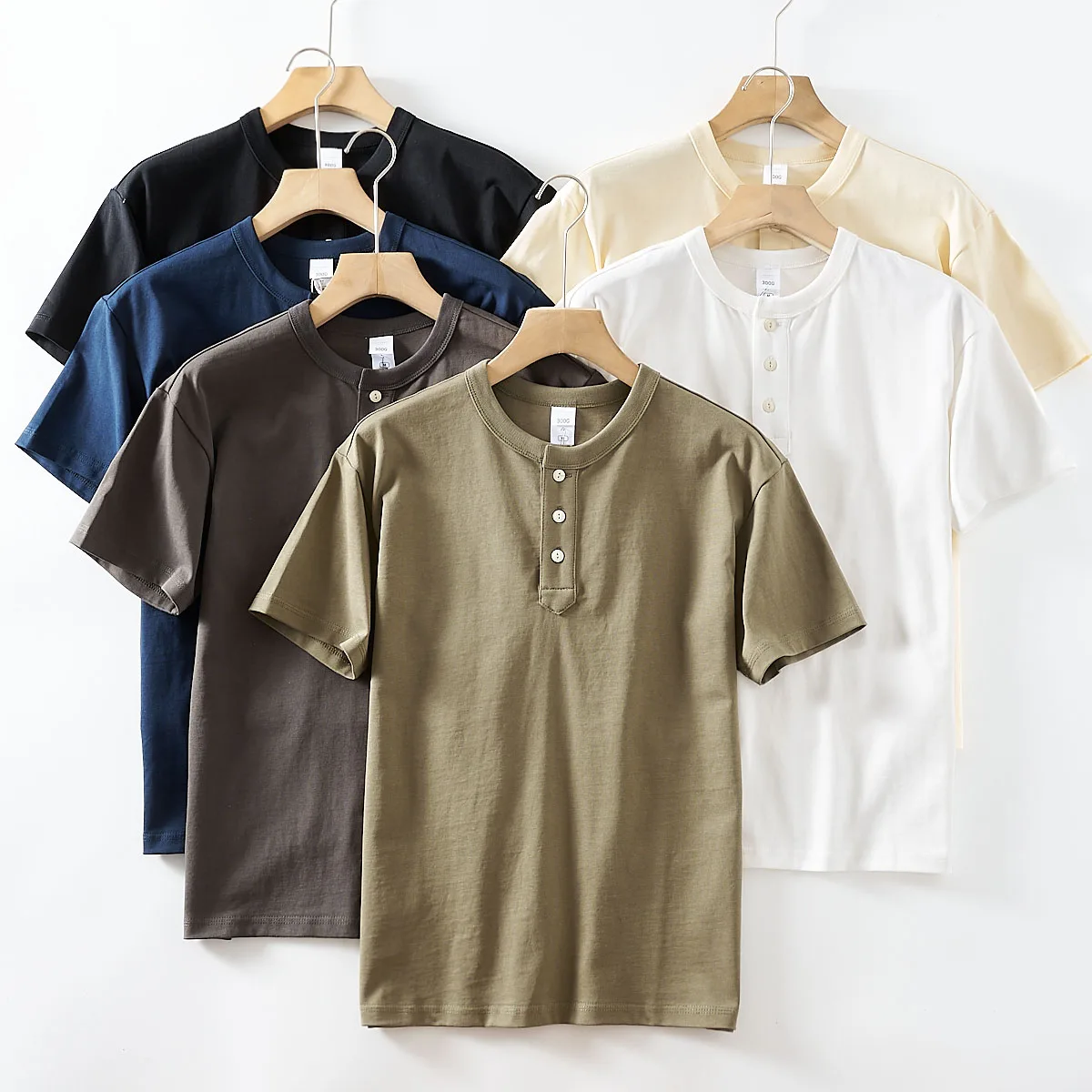 2025 Summer American Retro Short Sleeve Henry Collar Solid Color T ...