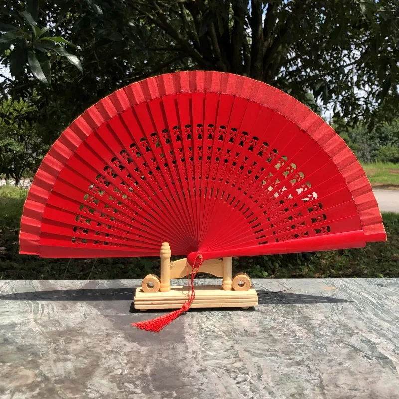 Red Hollow Out Moon Star Double-sided Wooden Fan Bone Cheongsam ...
