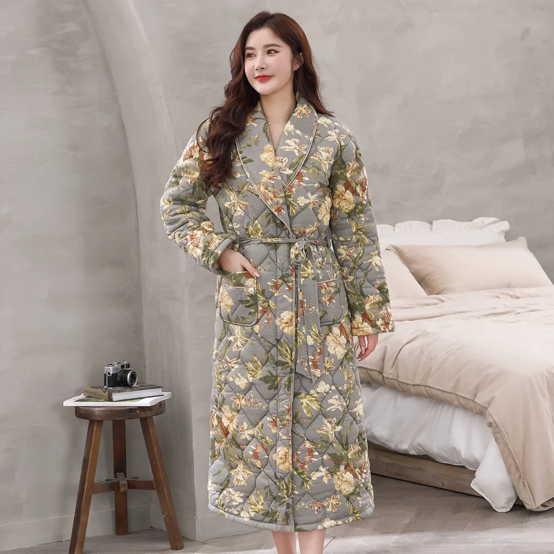 Women-Floral-Print-Bath-Robe-3-Layers-Quilted-Sleepwear-Autumn-Winter ...