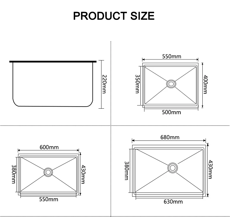 304 Stainless Steel Kitchen Sink Multiple Size Single Bowl Undermount ...