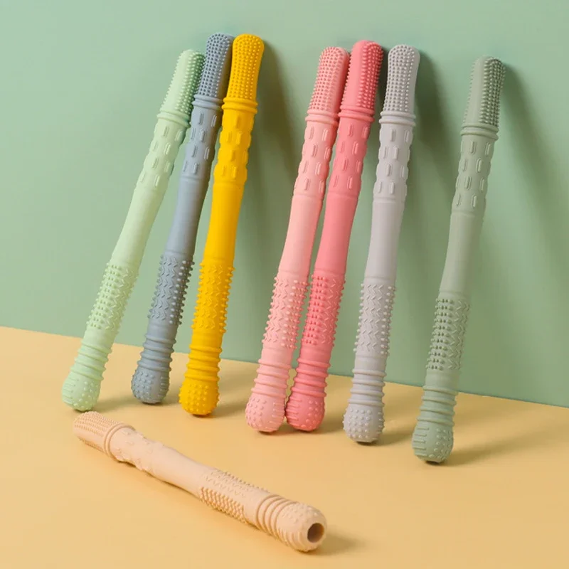 Newborn Hollow Teething Tube Baby Silicone Teether Stick Biting Chewing ...